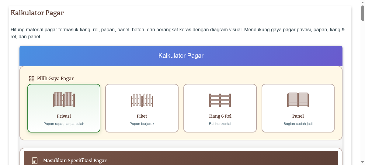 Kalkulator Pagar - Estimasi Tiang, Rel, Papan & Material