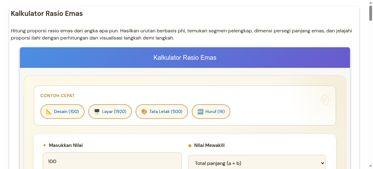 Kalkulator Rasio Emas - Hitung Proporsi & Urutan φ