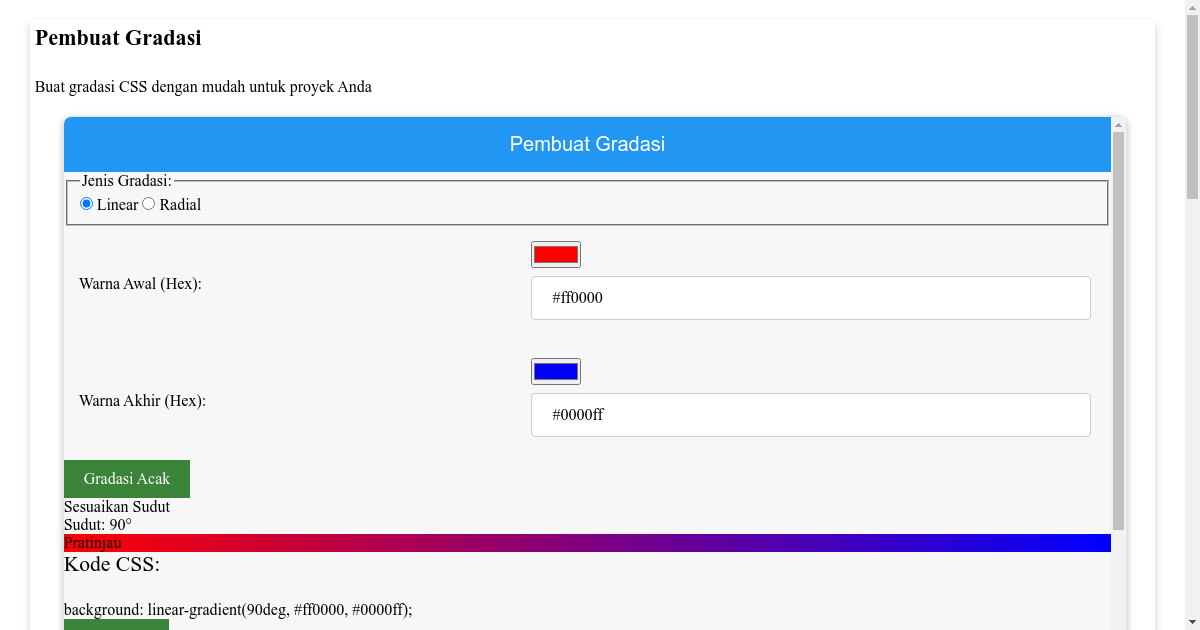 Pembuat Gradasi Gratis - Ciptakan Gradasi CSS yang Indah Secara Instan