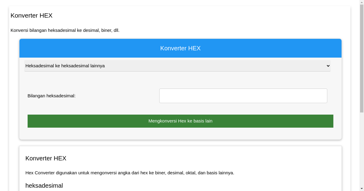 Hex Converter - Konversi heksadesimal ke biner, desimal, oktal, dan basis lainnya