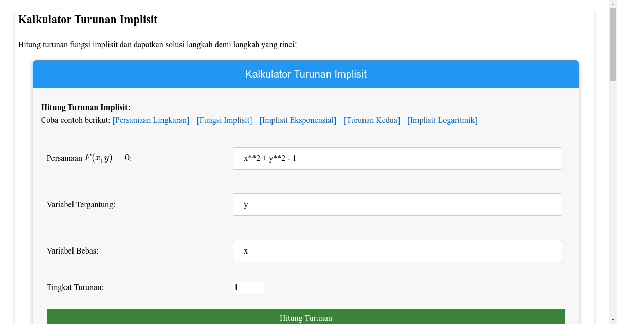 Kalkulator Turunan Implisit dengan Solusi Langkah demi Langkah