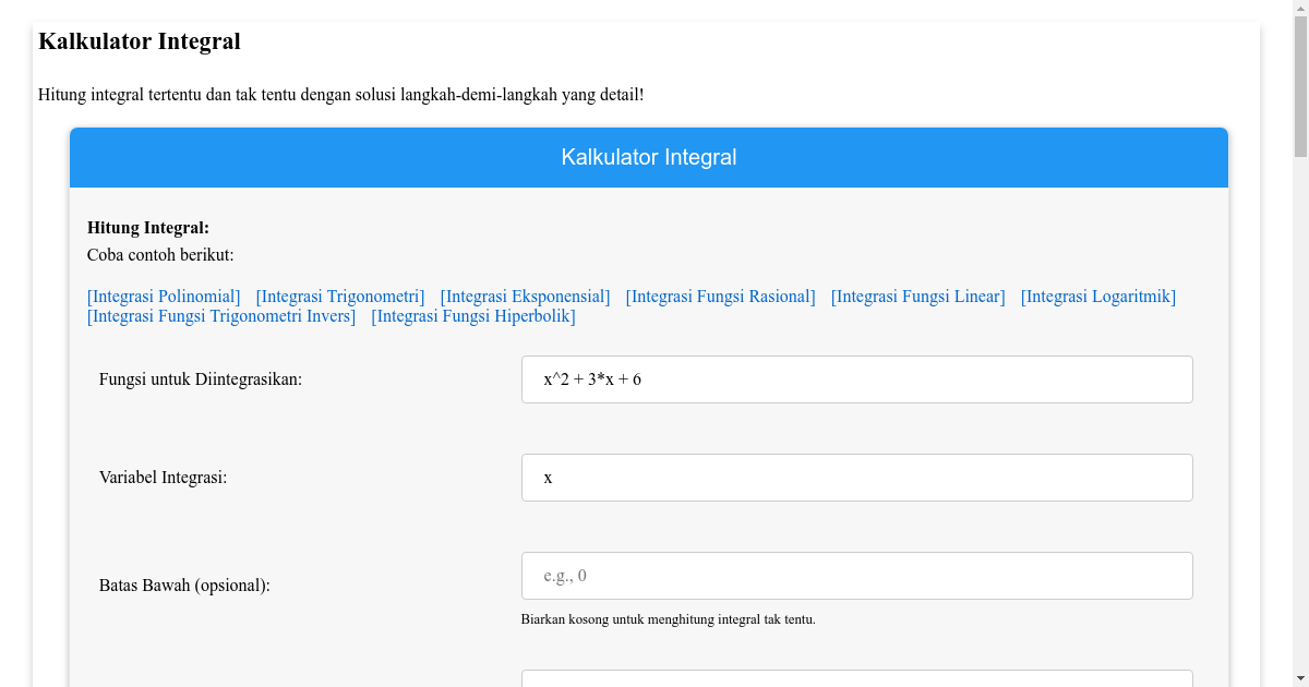 Kalkulator Integral dengan Solusi Langkah-demi-Langkah