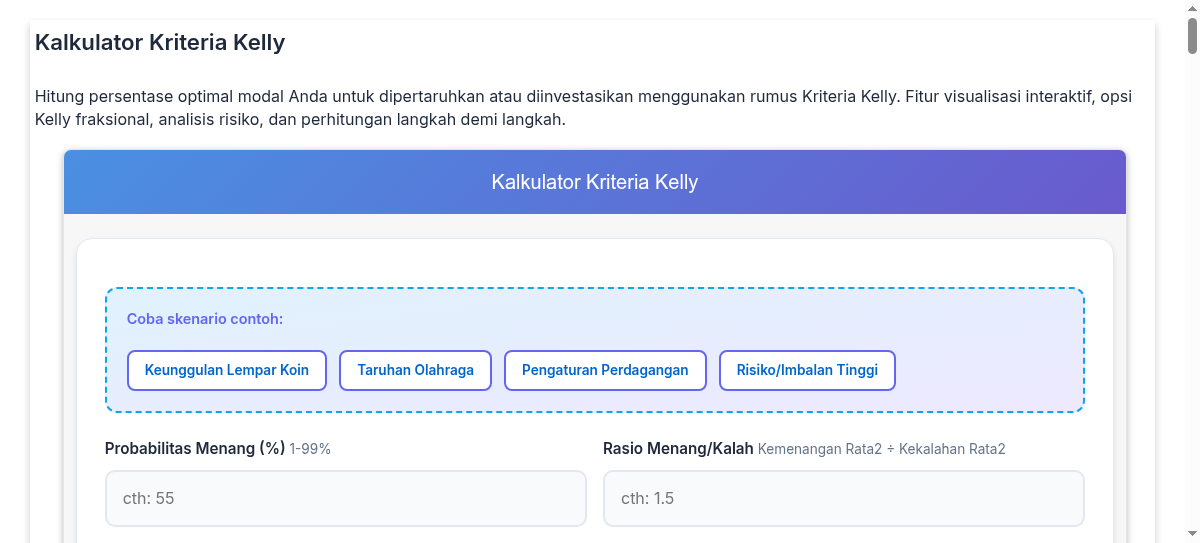Kalkulator Kriteria Kelly - Alat Ukuran Taruhan & Posisi Optimal