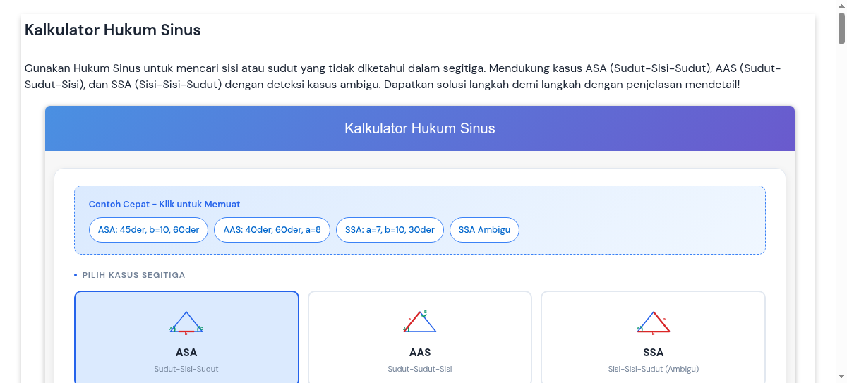Kalkulator Hukum Sinus - Selesaikan Segitiga (Kasus ASA, AAS, SSA)