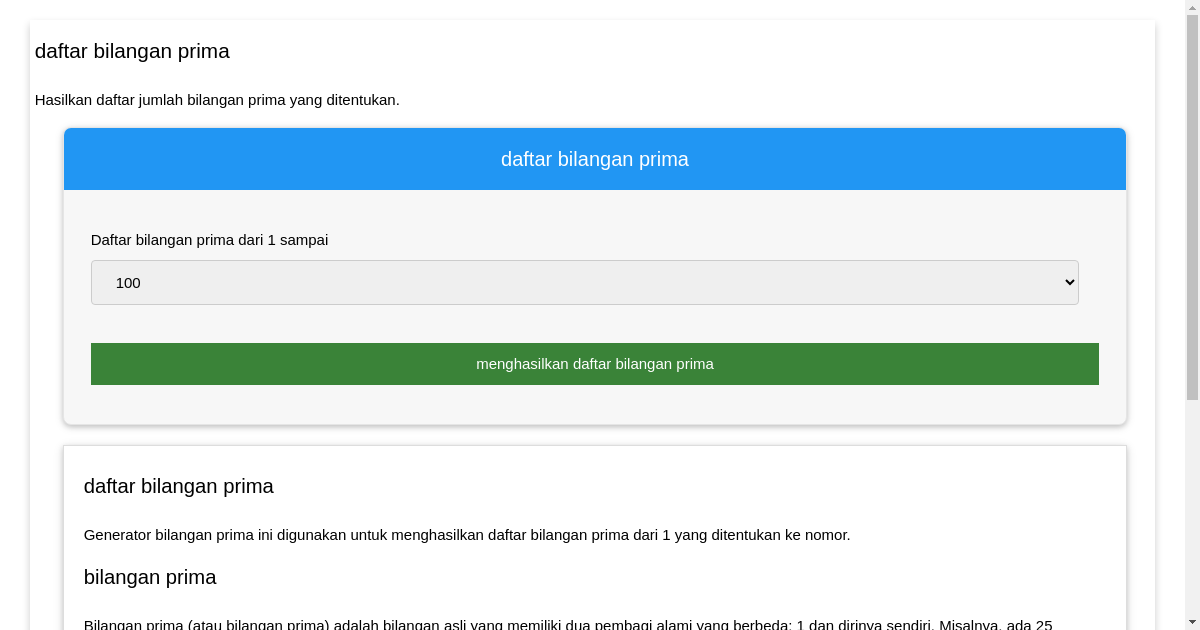 Daftar bilangan prima dari 1 hingga A nomor yang Anda tentukan