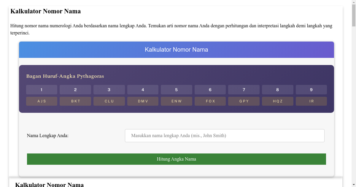 Kalkulator Nomor Nama - Hitung Nomor Nama Numerologi Anda