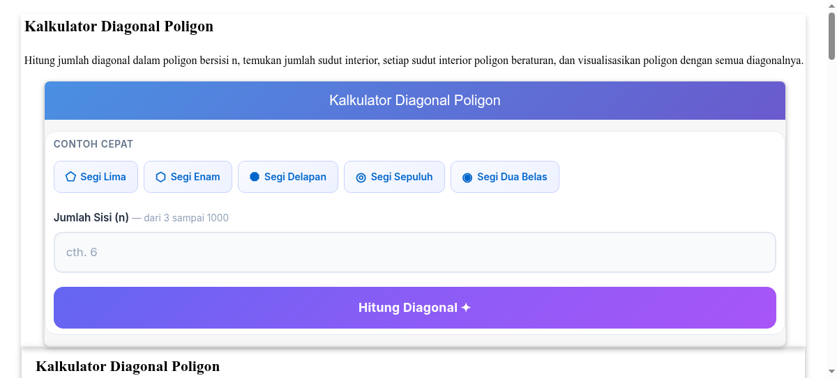 Kalkulator Diagonal Poligon - Cari Jumlah Diagonal pada Poligon Apa Pun