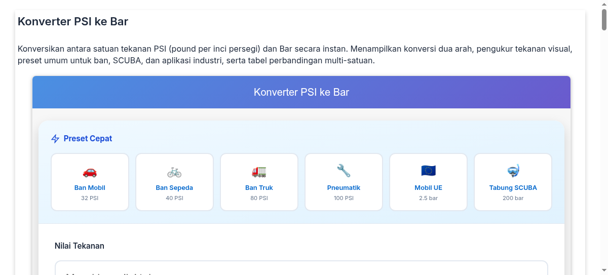 Konverter PSI ke Bar - Konversi Satuan Tekanan dengan Skala Visual