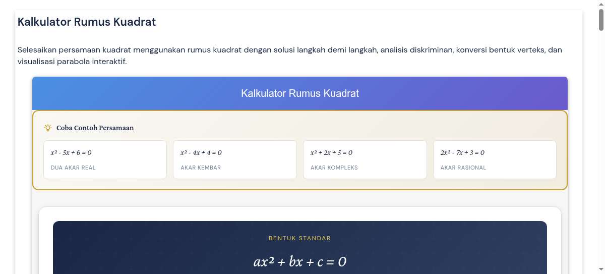 Kalkulator Rumus Kuadrat - Selesaikan ax² + bx + c = 0 dengan Langkah ...