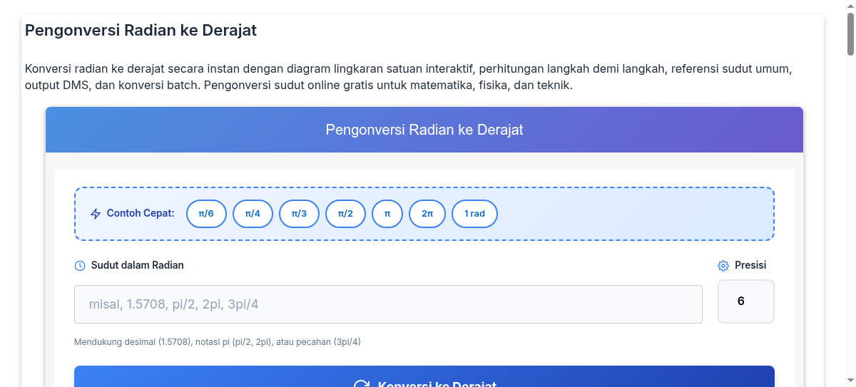 Pengonversi Radian ke Derajat - Konversi Radian ke Derajat dengan Visualisasi Lingkaran Satuan