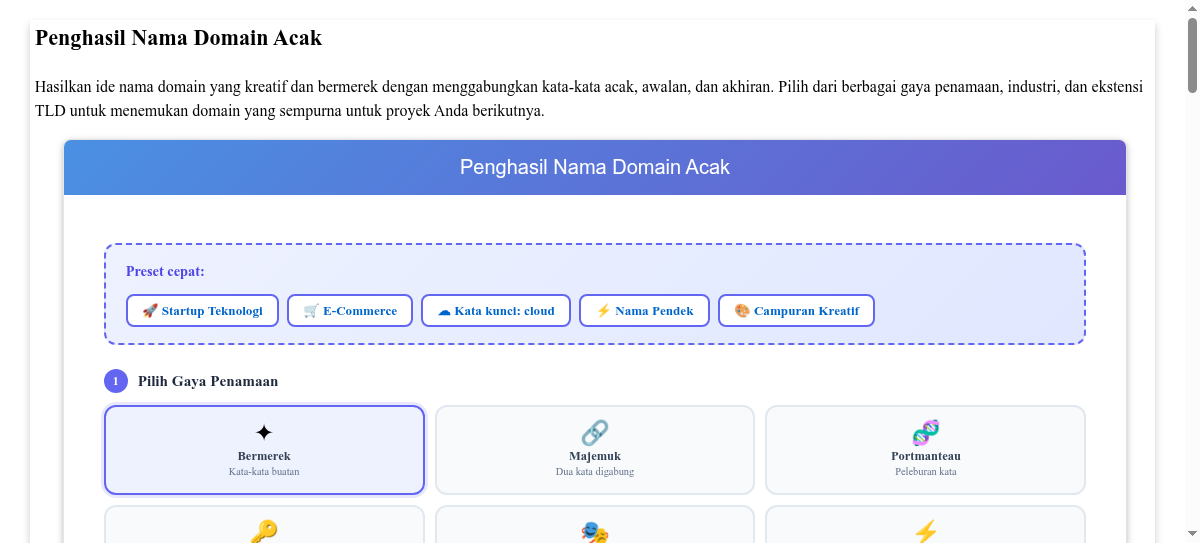 Penghasil Nama Domain Acak - Buat Ide Domain Unik Secara Instan