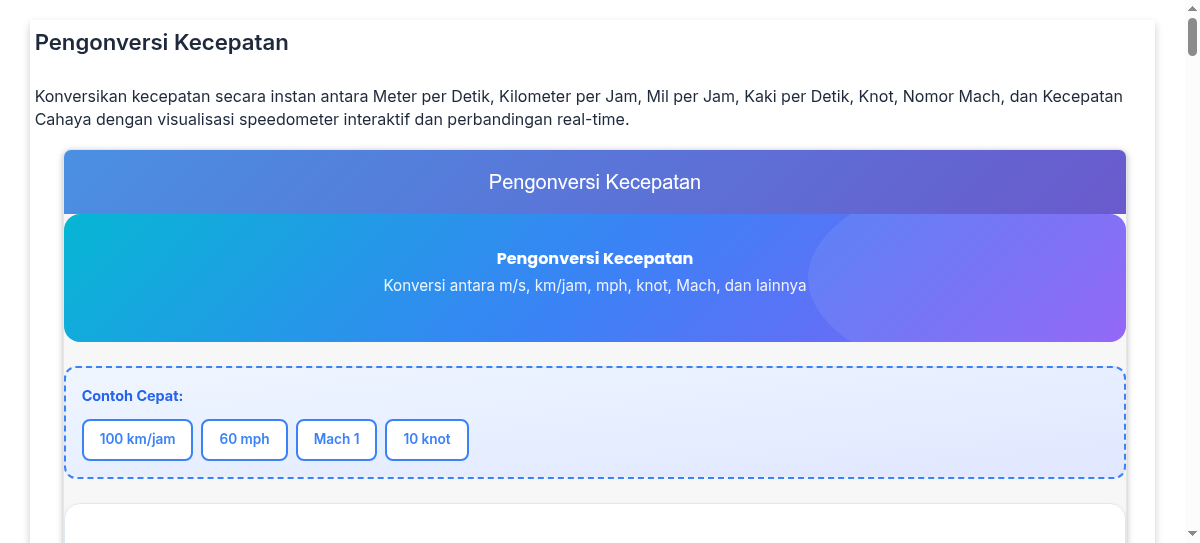 Pengonversi Kecepatan - Konversi m/s, km/h, mph, Knot, Mach & Lainnya