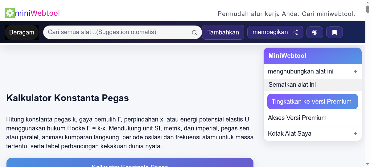Kalkulator Konstanta Pegas - Hukum Hooke, Gaya, Perpindahan dan Energi