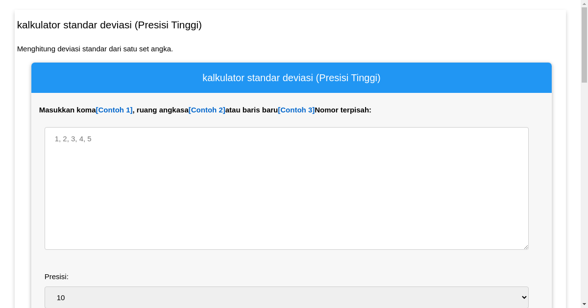 kalkulator standar deviasi (Presisi Tinggi)