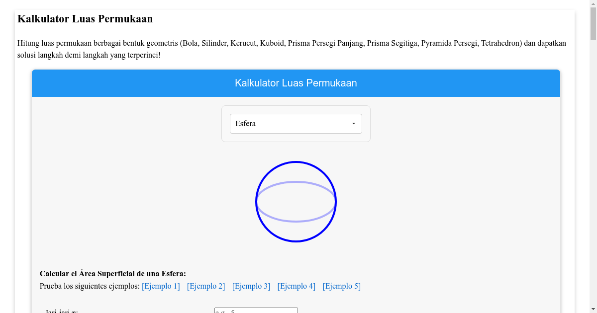 Kalkulator Luas Permukaan dengan Solusi Langkah demi Langkah