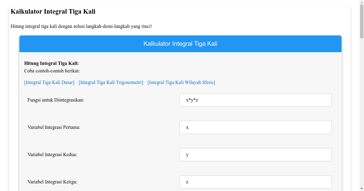 Kalkulator Integral Tiga Kali dengan Solusi Langkah-demi-Langkah