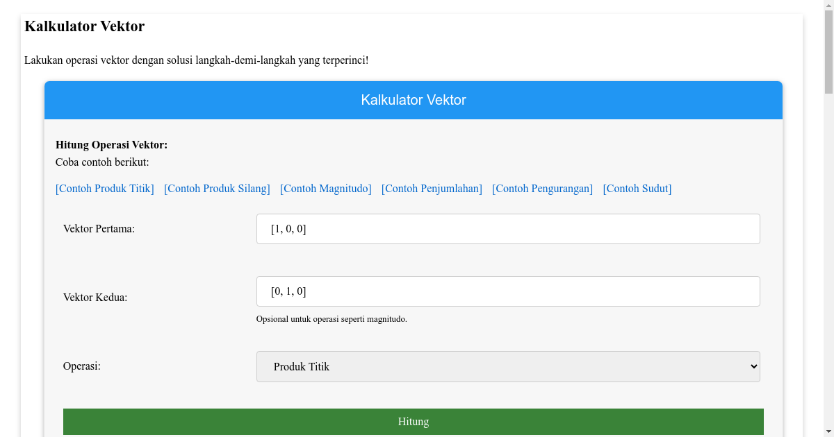 Kalkulator Vektor dengan Solusi Langkah-demi-Langkah