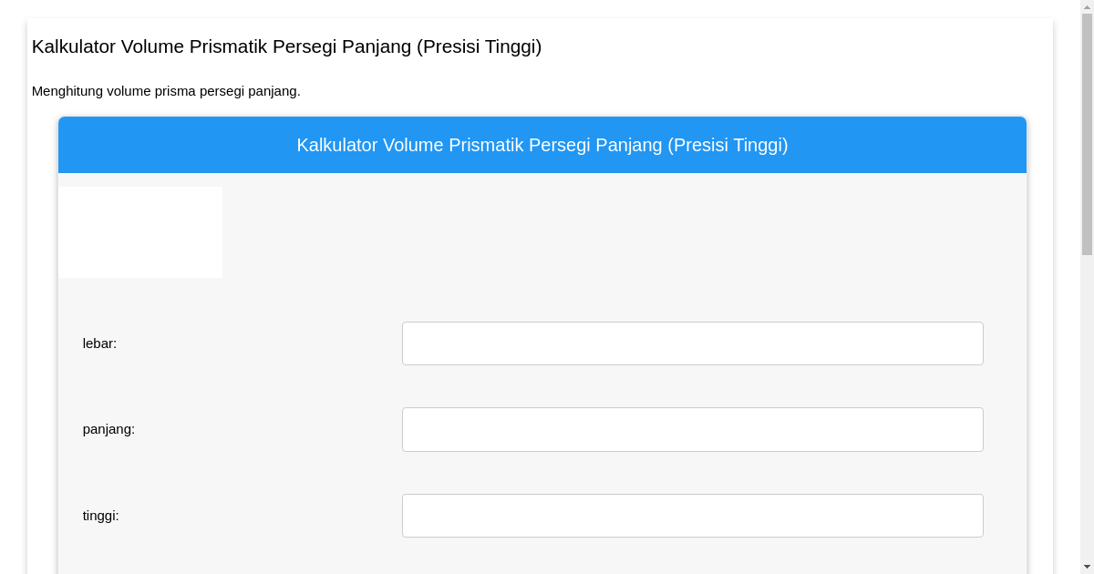 Kalkulator Volume Prismatik Persegi Panjang (Presisi Tinggi)