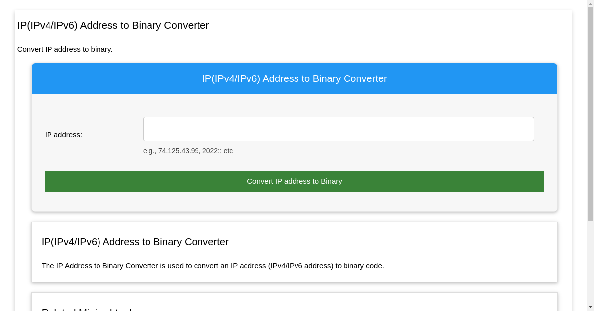 IP IPv4 IPv6 Address To Binary Converter