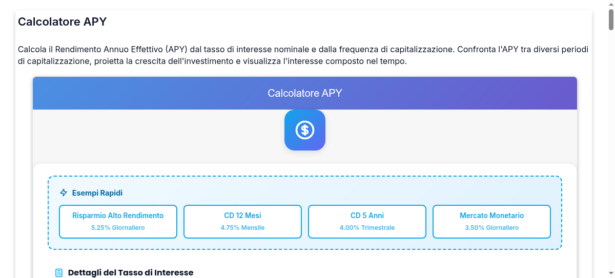 Calcolatore APY - Rendimento Annuo Effettivo con Proiezione di Crescita ...