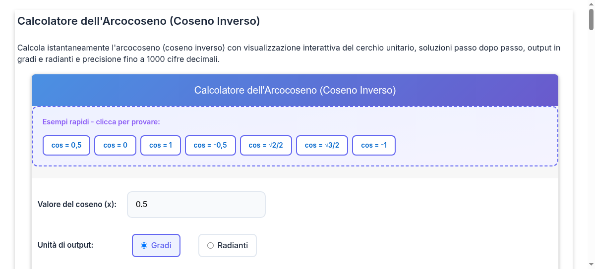 Calcolatore dell'Arcocoseno - Coseno Inverso con Visualizzazione del ...