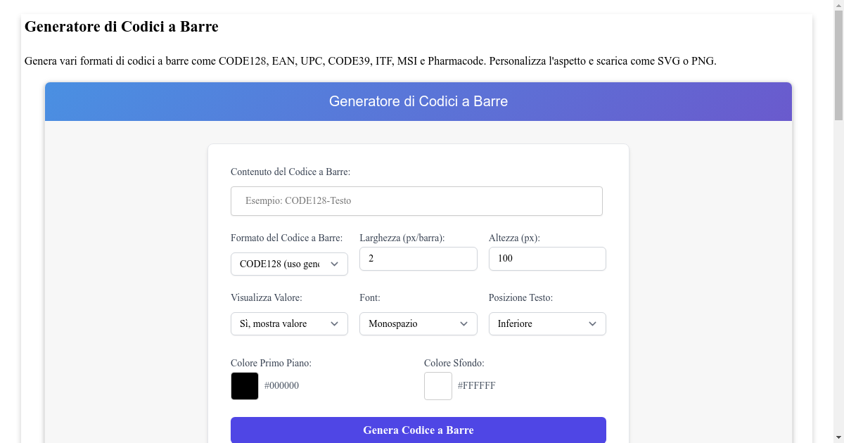 Generatore di Codici a Barre Avanzato Gratuito (Download SVG e PNG)