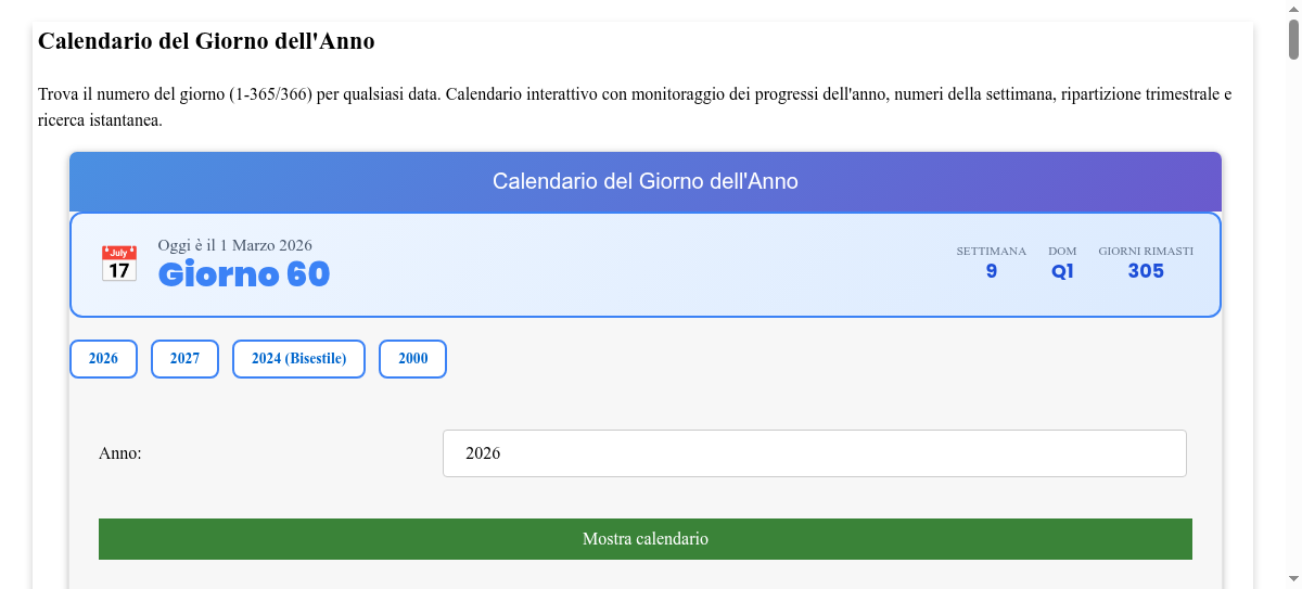 Calendario del Giorno dell'Anno per il 2016 (Anno Bisestile)