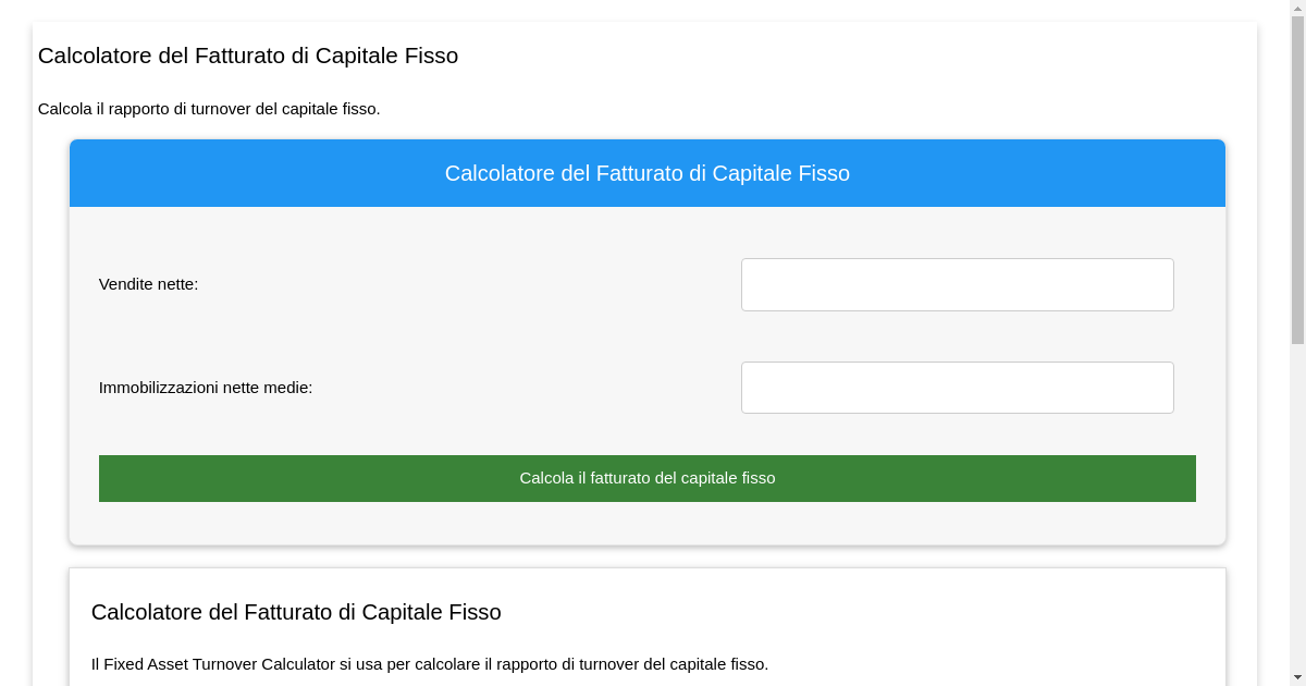 Calcolatore del Fatturato di Capitale Fisso