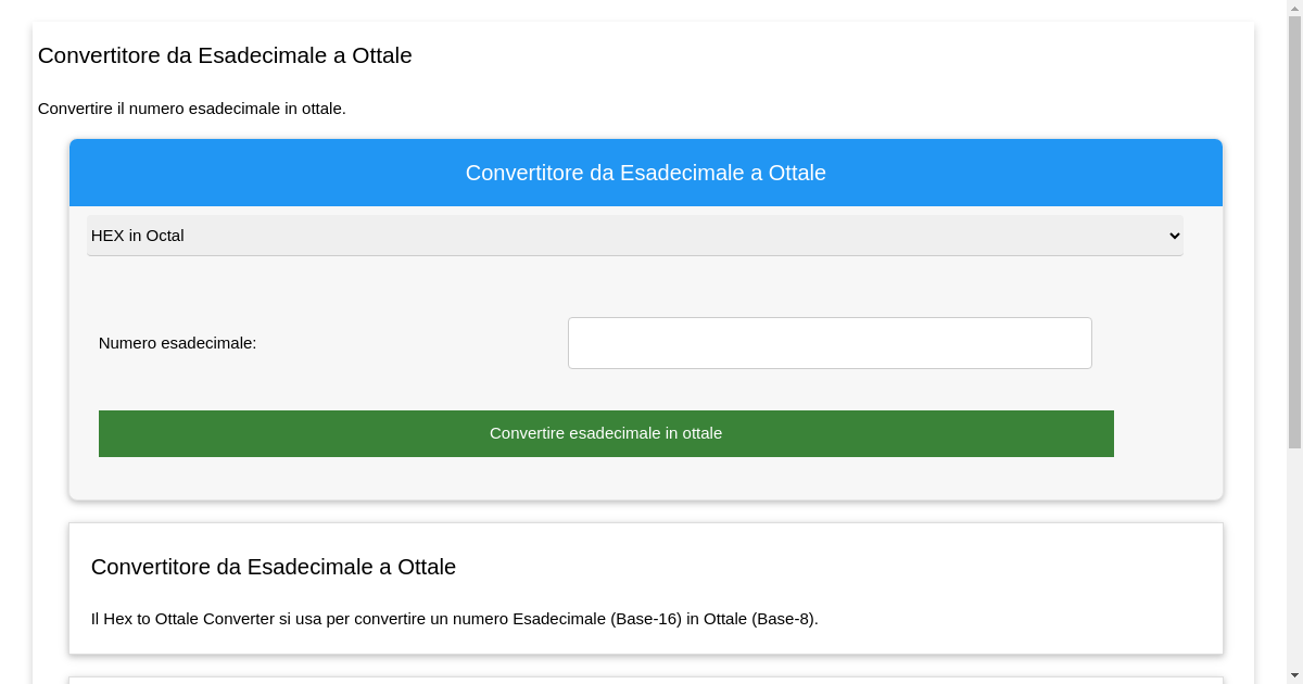 Convertitore da Esadecimale a Ottale