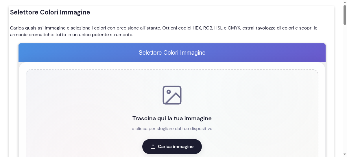 Selettore Colori Immagine Online Gratuito - Estrai HEX, RGB, HSL, CMYK ...