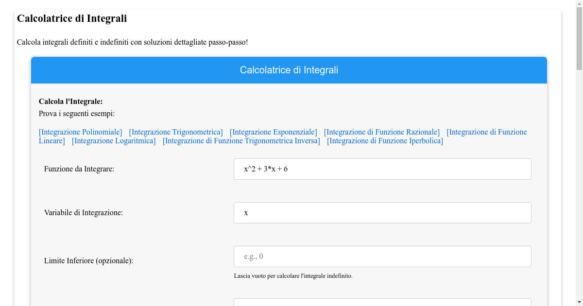 Calcolatrice di Integrali con Soluzioni Passo-Passo