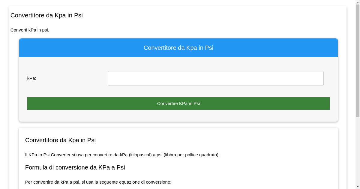Convertitore da kPa a psi - Converti kilopascal in libbre per pollice quadrato