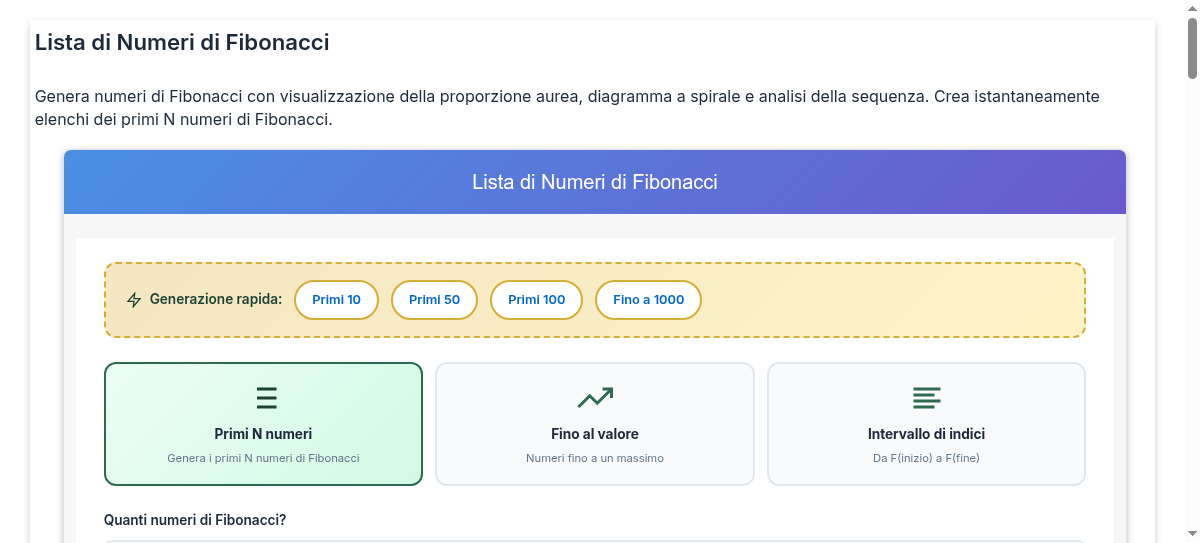 Lista di Numeri di Fibonacci - Generatore di Sequenza di Fibonacci