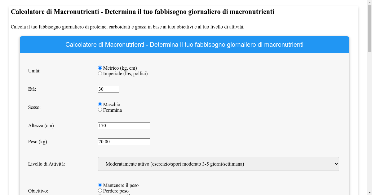 Calcolatore Gratuito di Macronutrienti