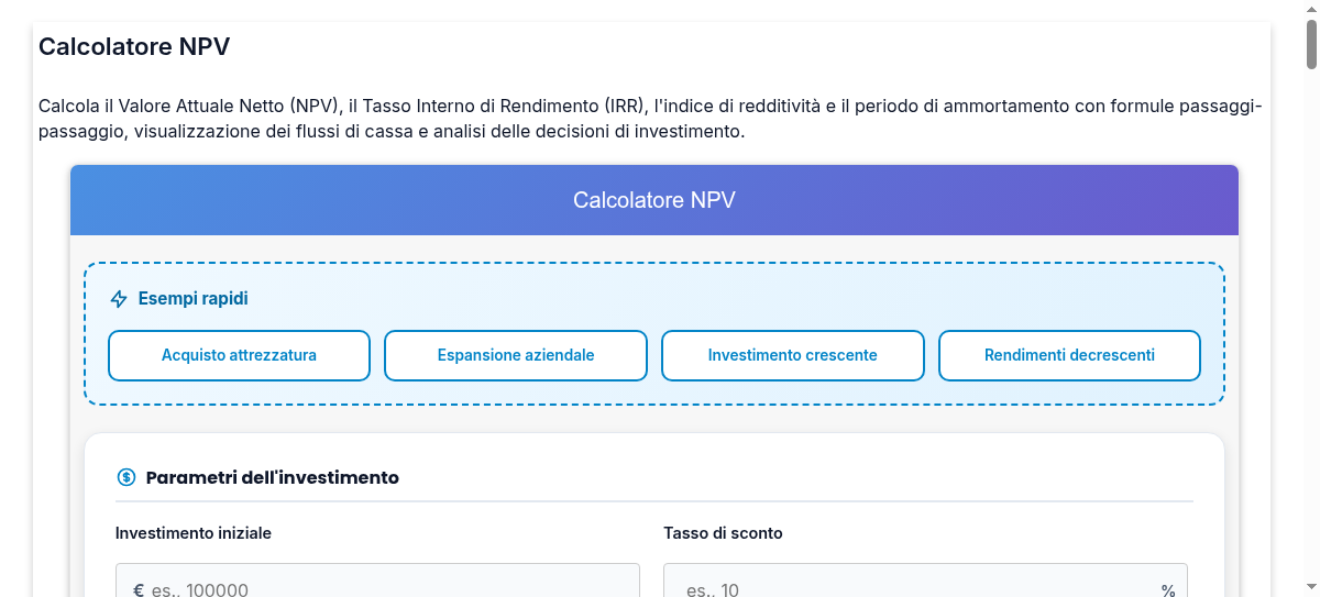 Calcolatore NPV - Valore Attuale Netto con analisi IRR e investimenti