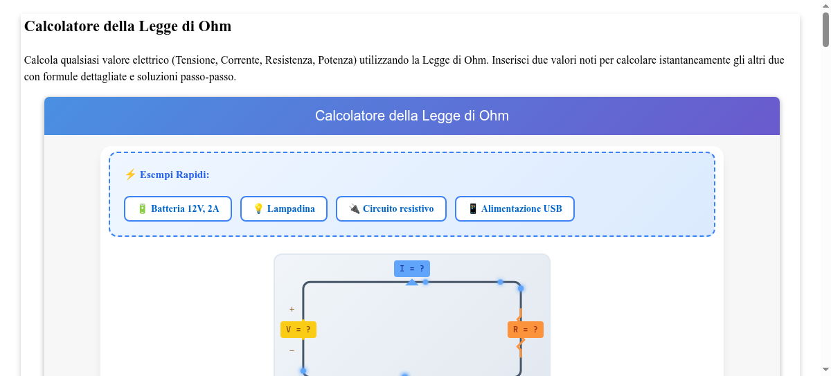 Calcolatore della Legge di Ohm - Calcola Tensione, Corrente, Resistenza ...
