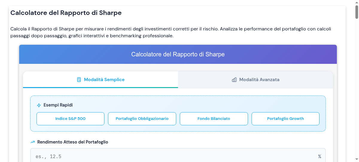 Calcolatore del Rapporto di Sharpe - Analisi del rendimento corretto ...