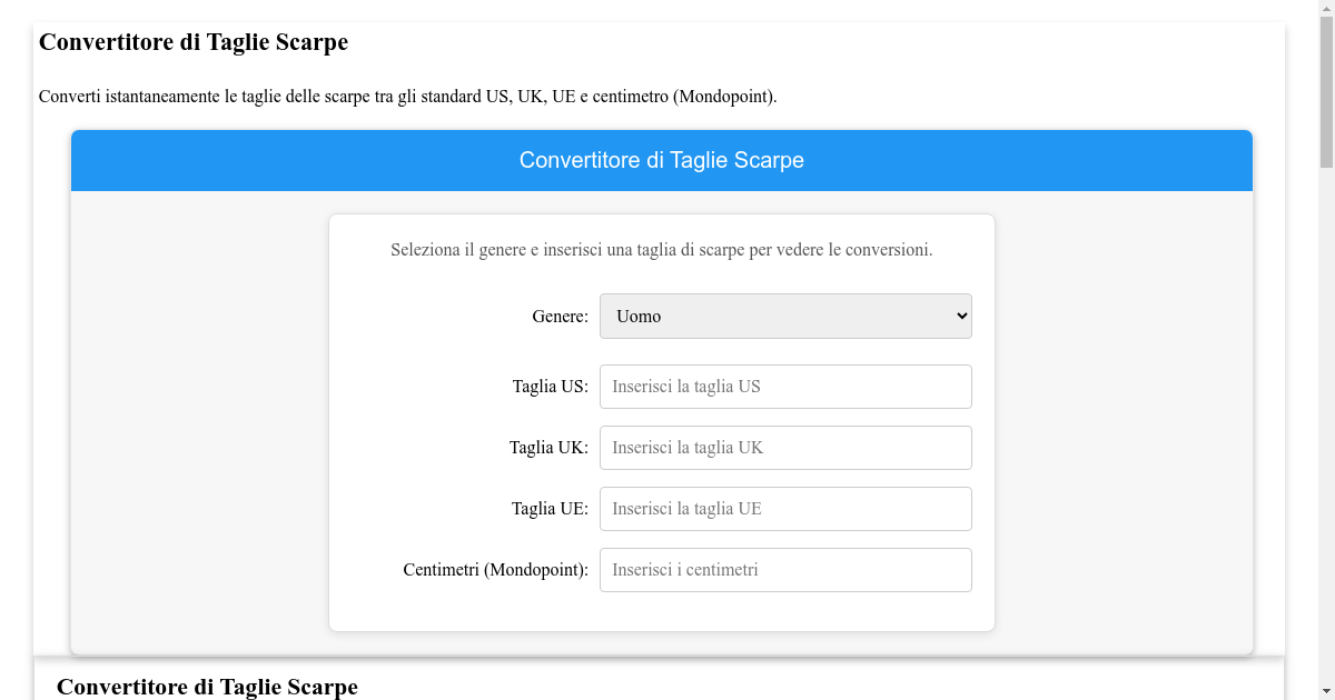 Convertitore Interattivo di Taglie Scarpe Gratuito