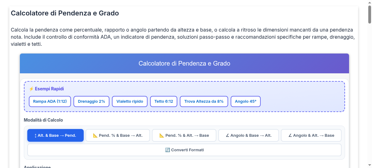 Calcolatore di Pendenza e Grado - Calcola Percentuale, Rapporto, Angolo ...