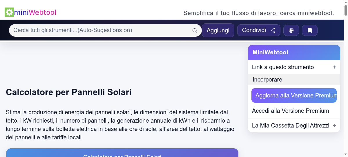 Calcolatore per Pannelli Solari - Stima Produzione, Dimensioni Sistema ...