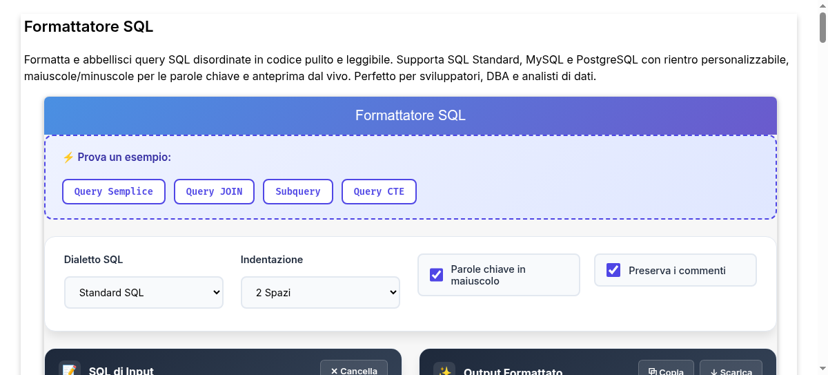 Formattatore SQL Online - Abbellisci Query SQL Istantaneamente