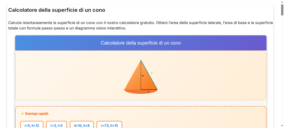 Calcolatore della superficie di un cono - Laterale, di Base e Totale ...