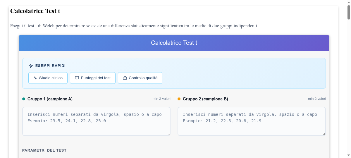 Calcolatrice Test t - Analisi Statistica Indipendente a Due Campioni