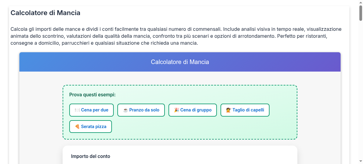 Calcolatore di Mancia - Dividi Conti e Calcola Mance con Analisi Visiva