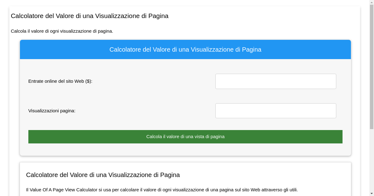 Calcolatore del Valore di una Visualizzazione di Pagina