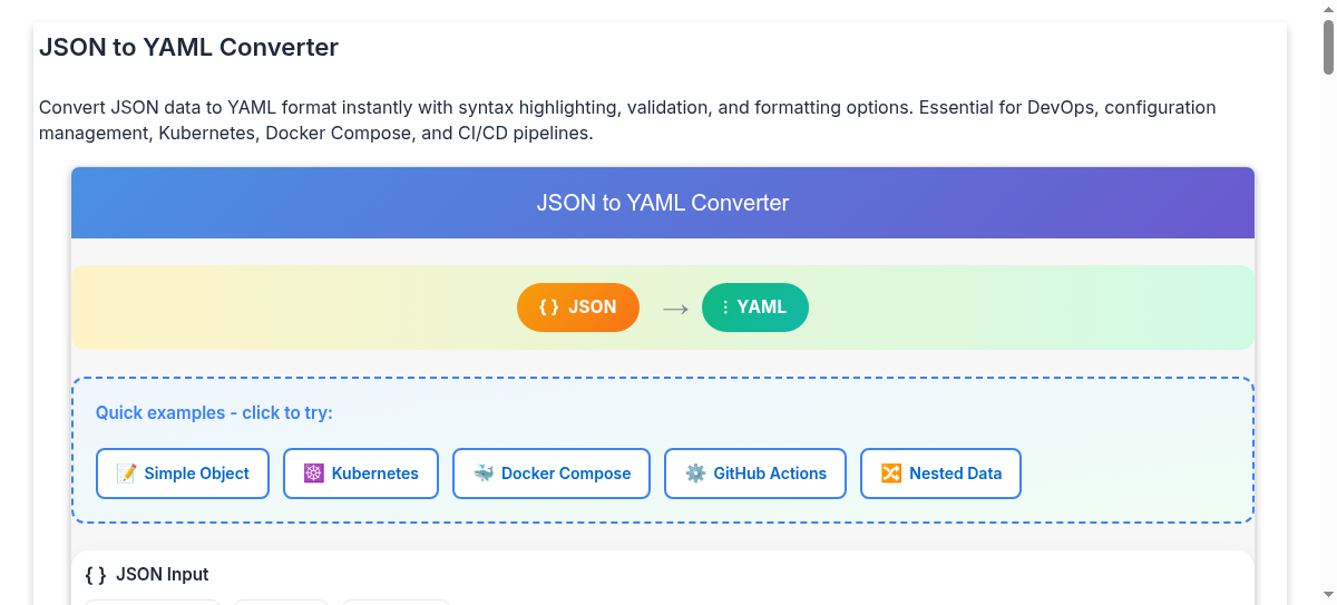 JSON to YAML Converter - Free Online Format Transformation Tool for DevOps