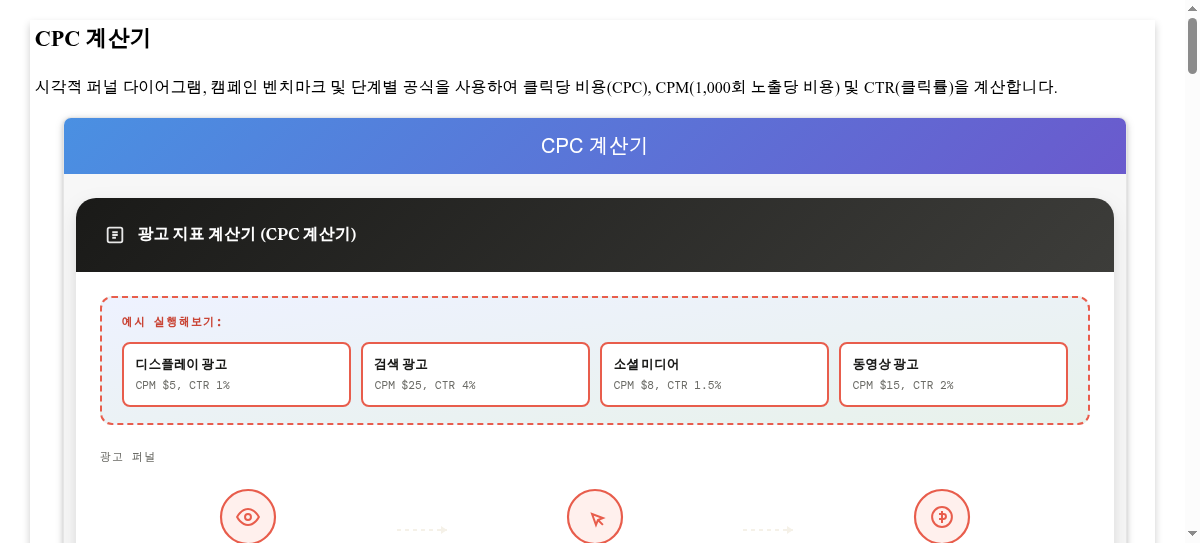 CPC 계산기 - 클릭당 비용, CPM 및 CTR 계산기