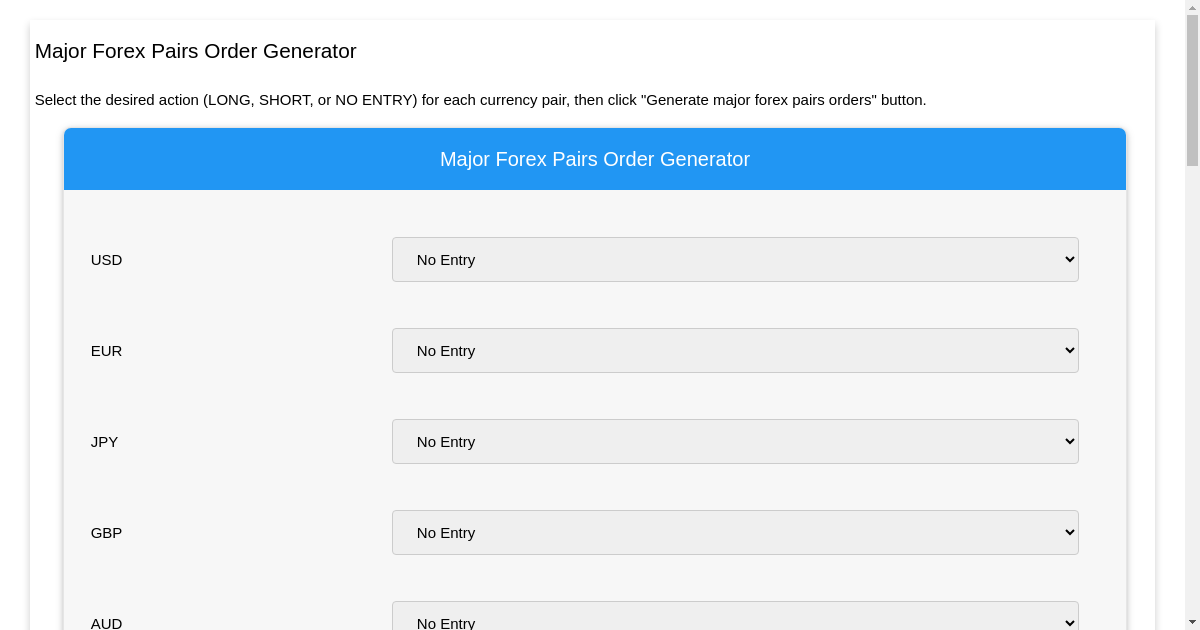 Major Forex Pairs Order Generator