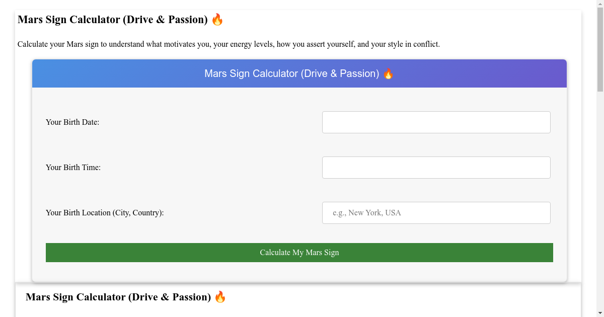 Free Mars Sign Calculator (Drive & Passion)