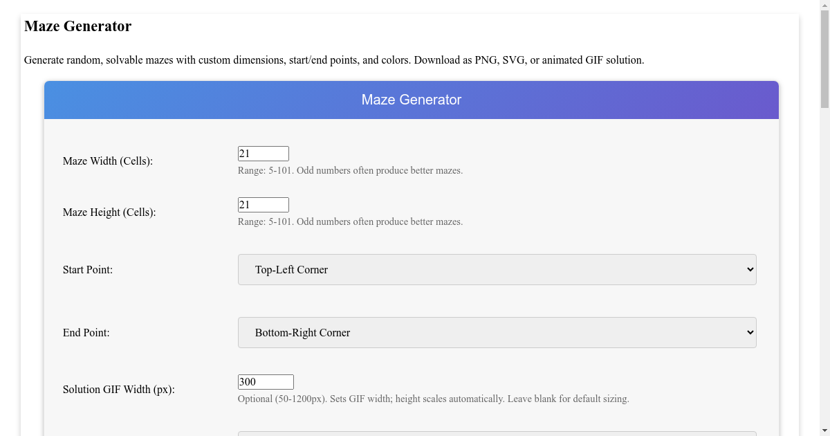 Free Customizable Maze Generator - Create, Solve & Download Mazes (PNG/SVG/GIF)